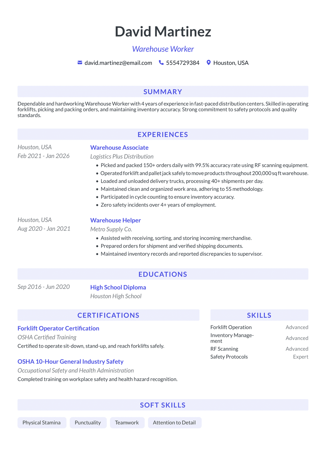 Warehouse Worker Resume Example | ATS-Friendly Template | QuickCV