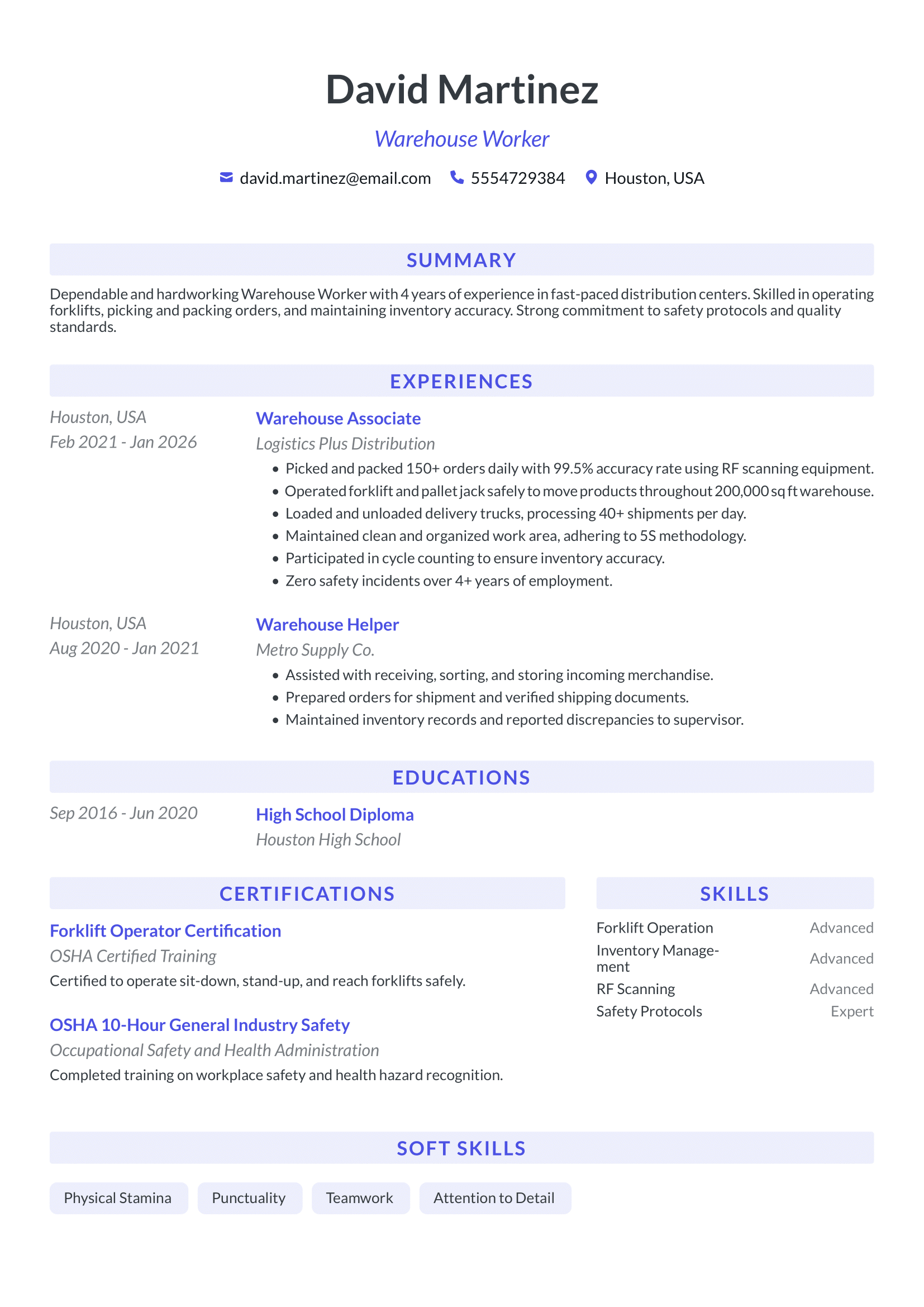 Warehouse Worker Resume Example | ATS-Friendly Template | QuickCV