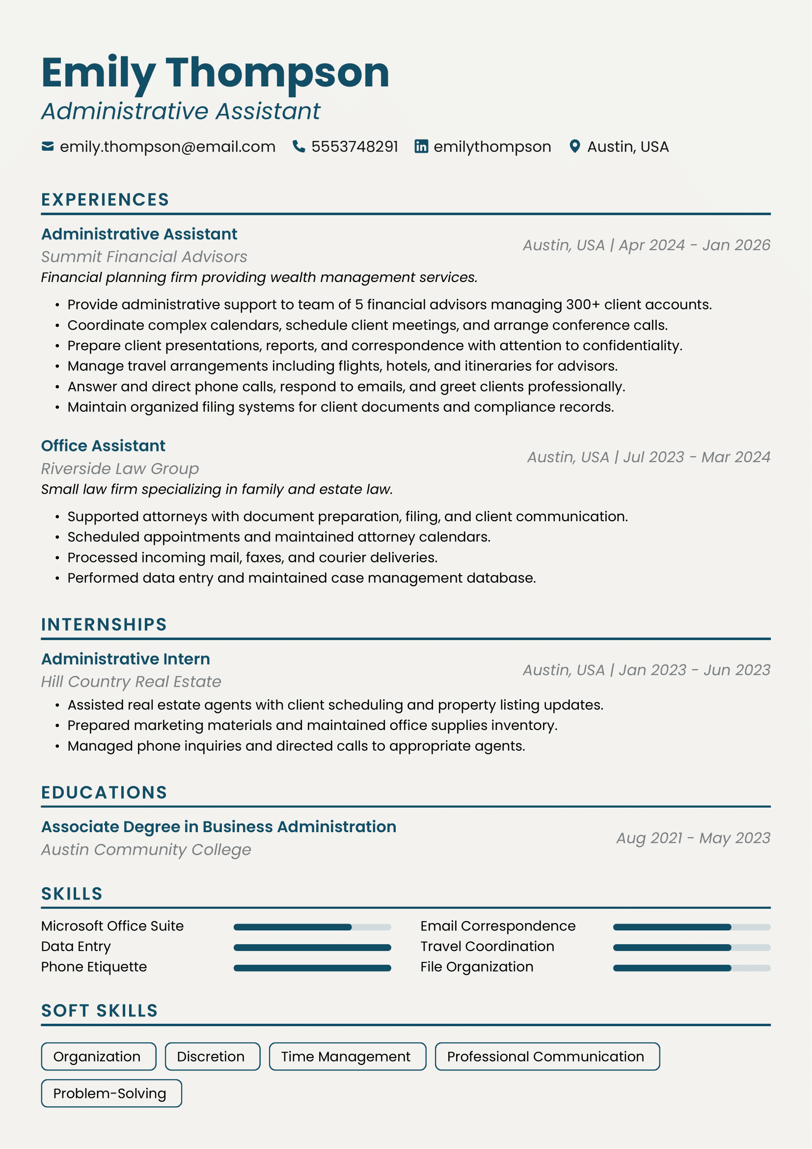 Administrative Assistant Resume Example | ATS-Friendly Template | QuickCV