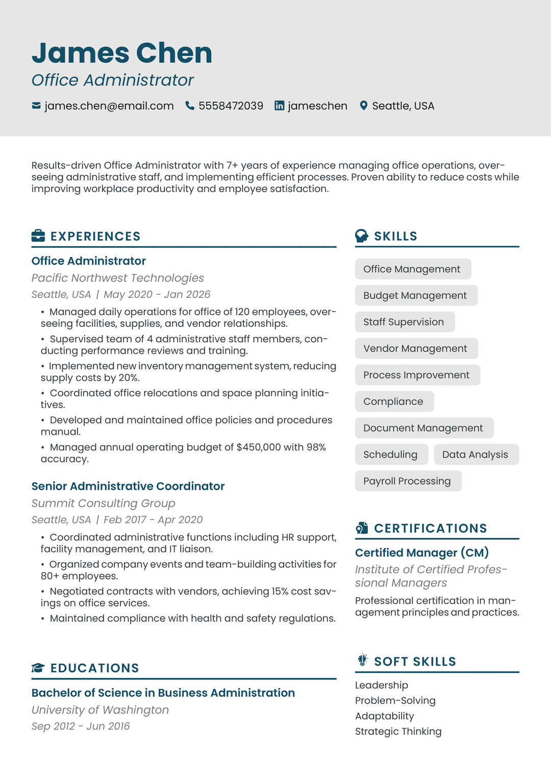 Office Administrator Resume Example | ATS-Friendly Template | QuickCV