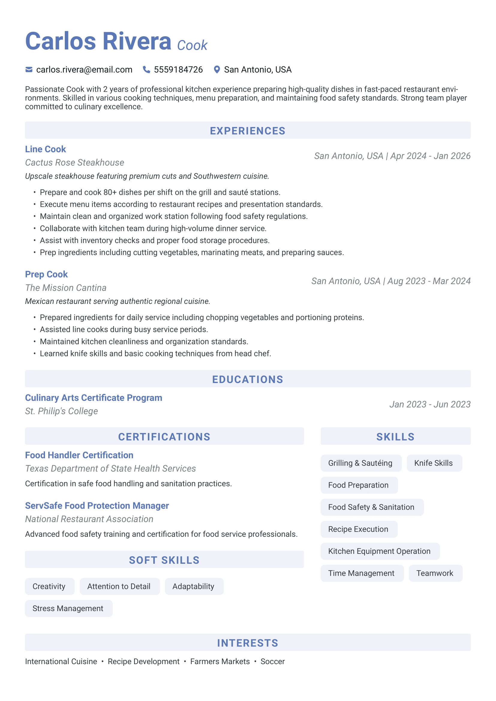 Chef | Cook Resume Example | ATS-Friendly Template | QuickCV
