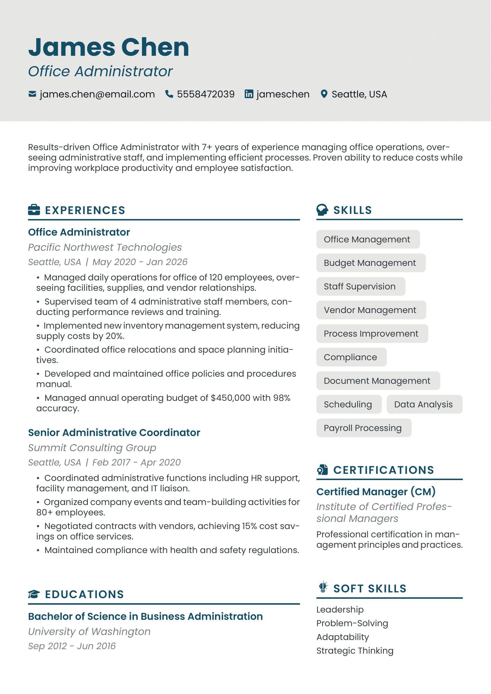 Office Administrator Resume Example | ATS-Friendly Template | QuickCV