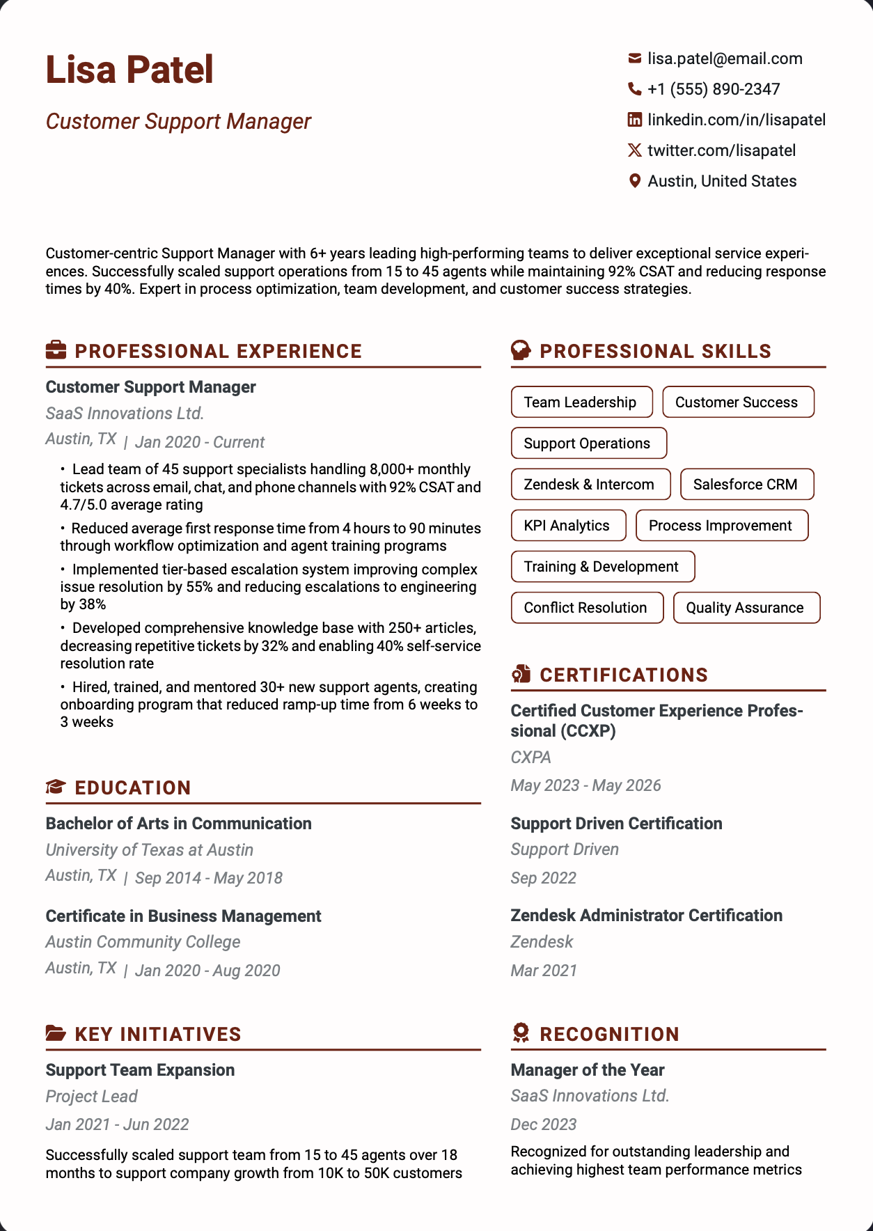 Customer Support Manager Resume Example | Professional Template | QuickCV