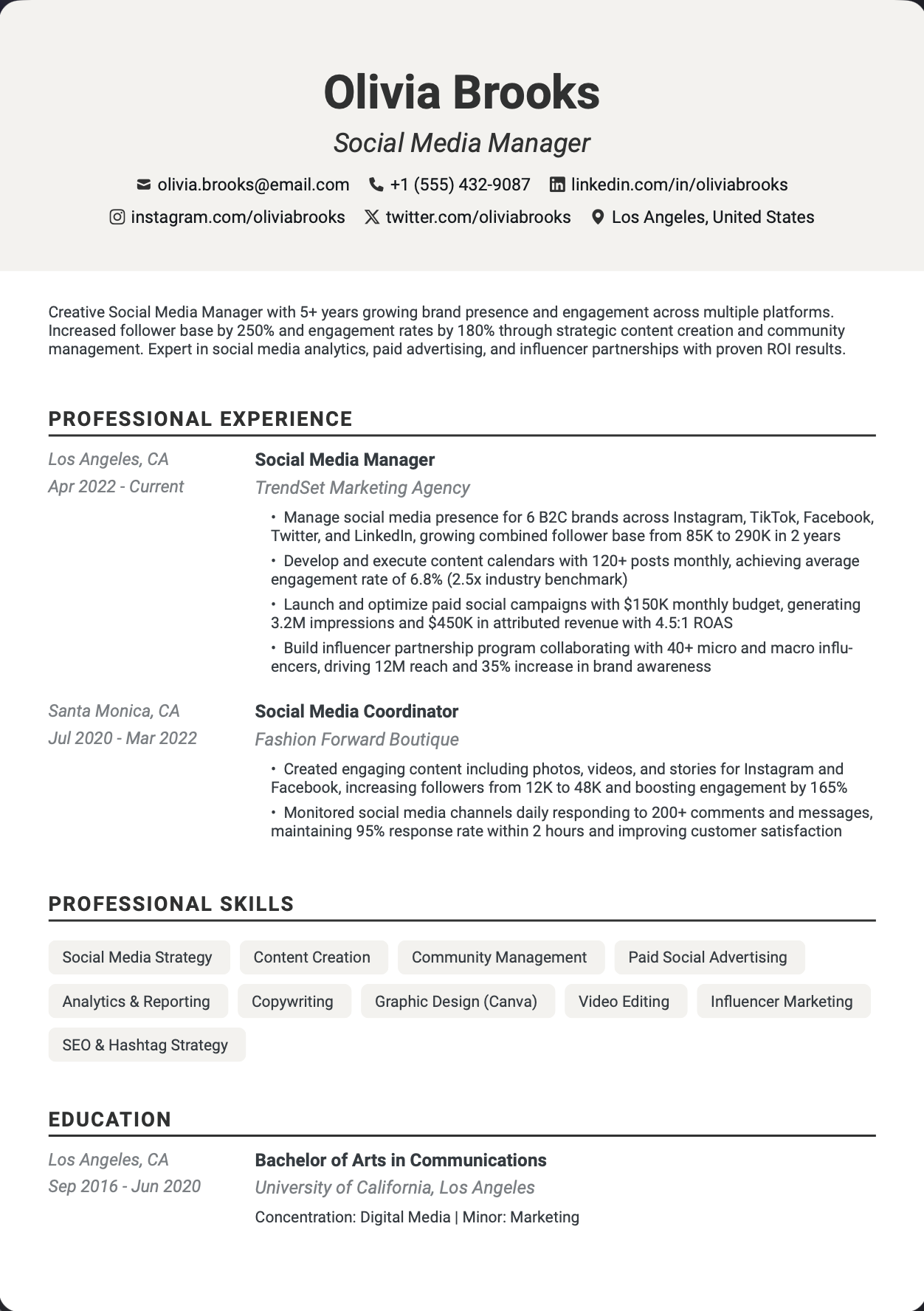 Social Media Manager Resume Example | Professional Template | QuickCV