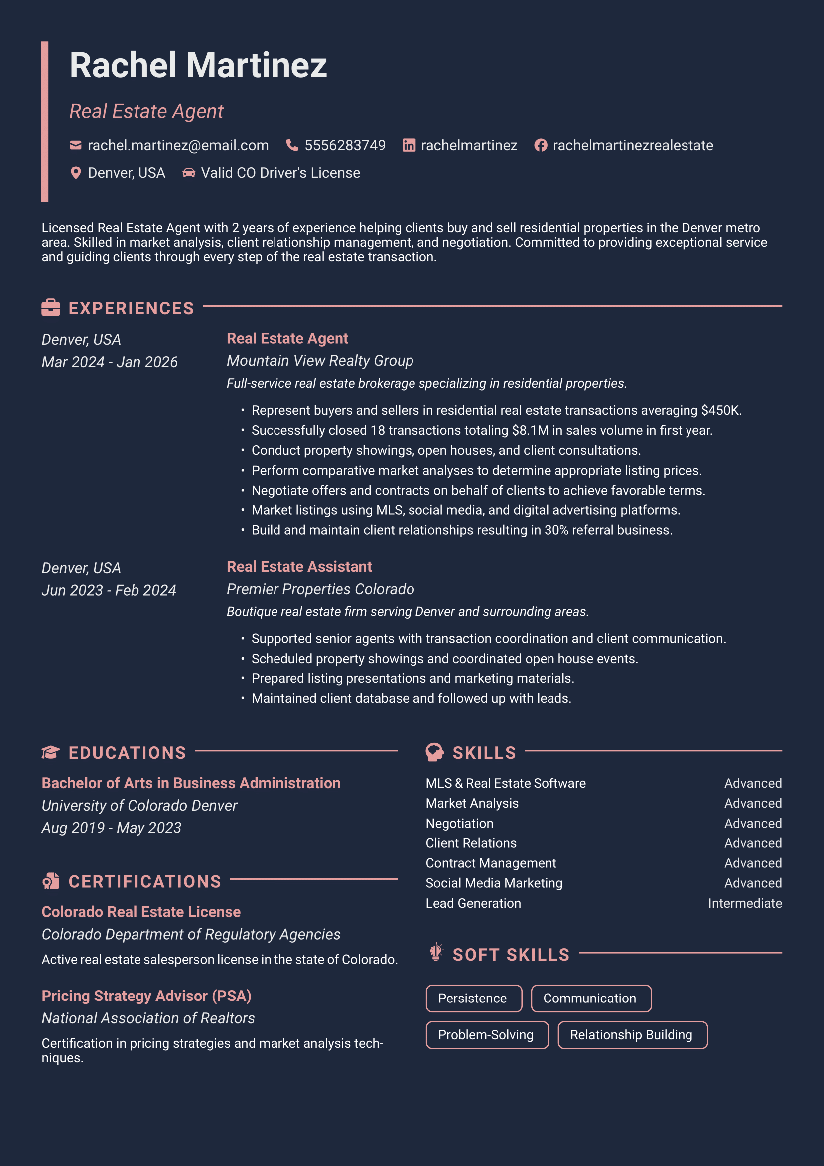 Real Estate Agent Resume Example | ATS-Friendly Template | QuickCV
