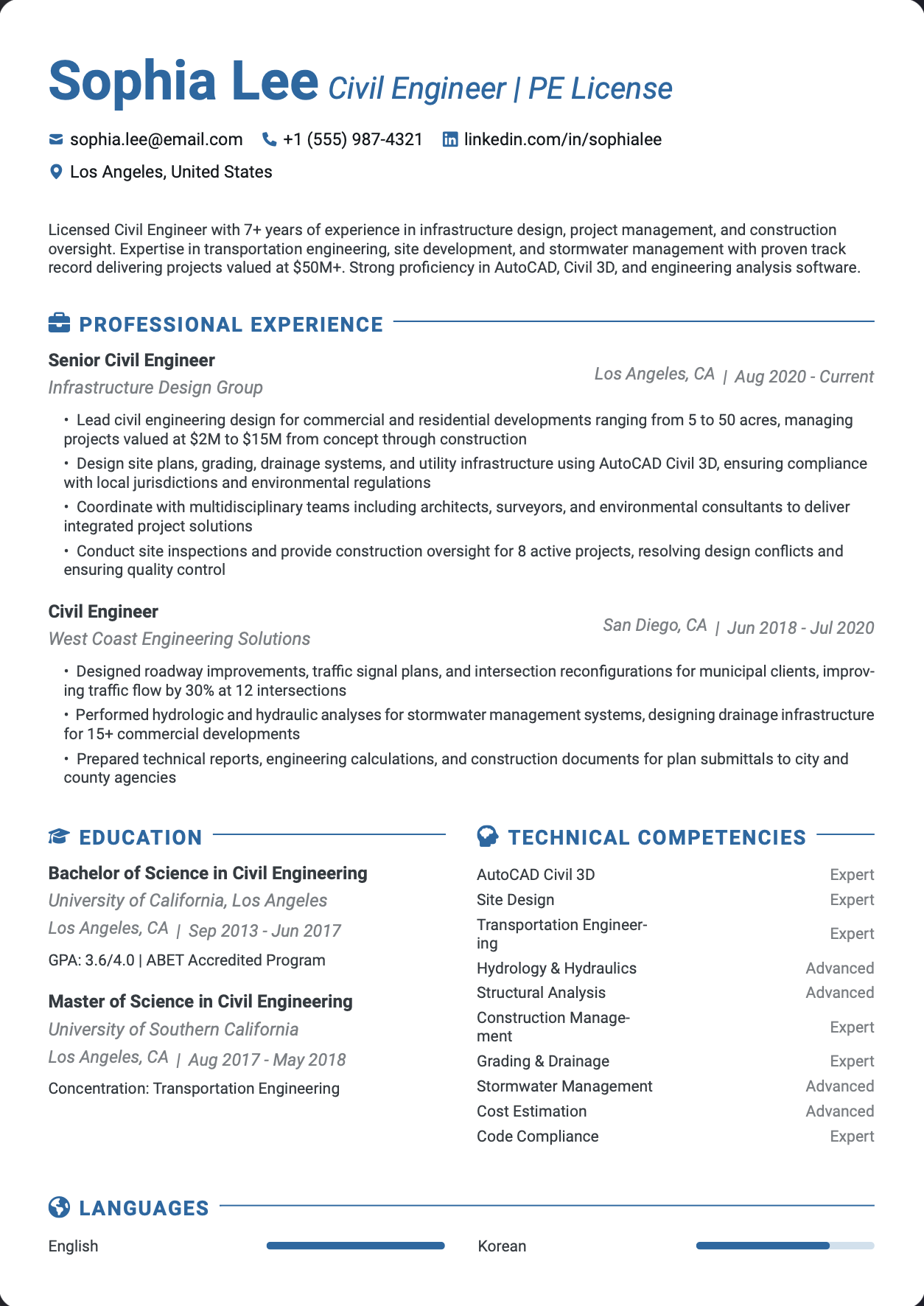 Civil Engineer | PE Licensed Resume Example | Professional Template ...
